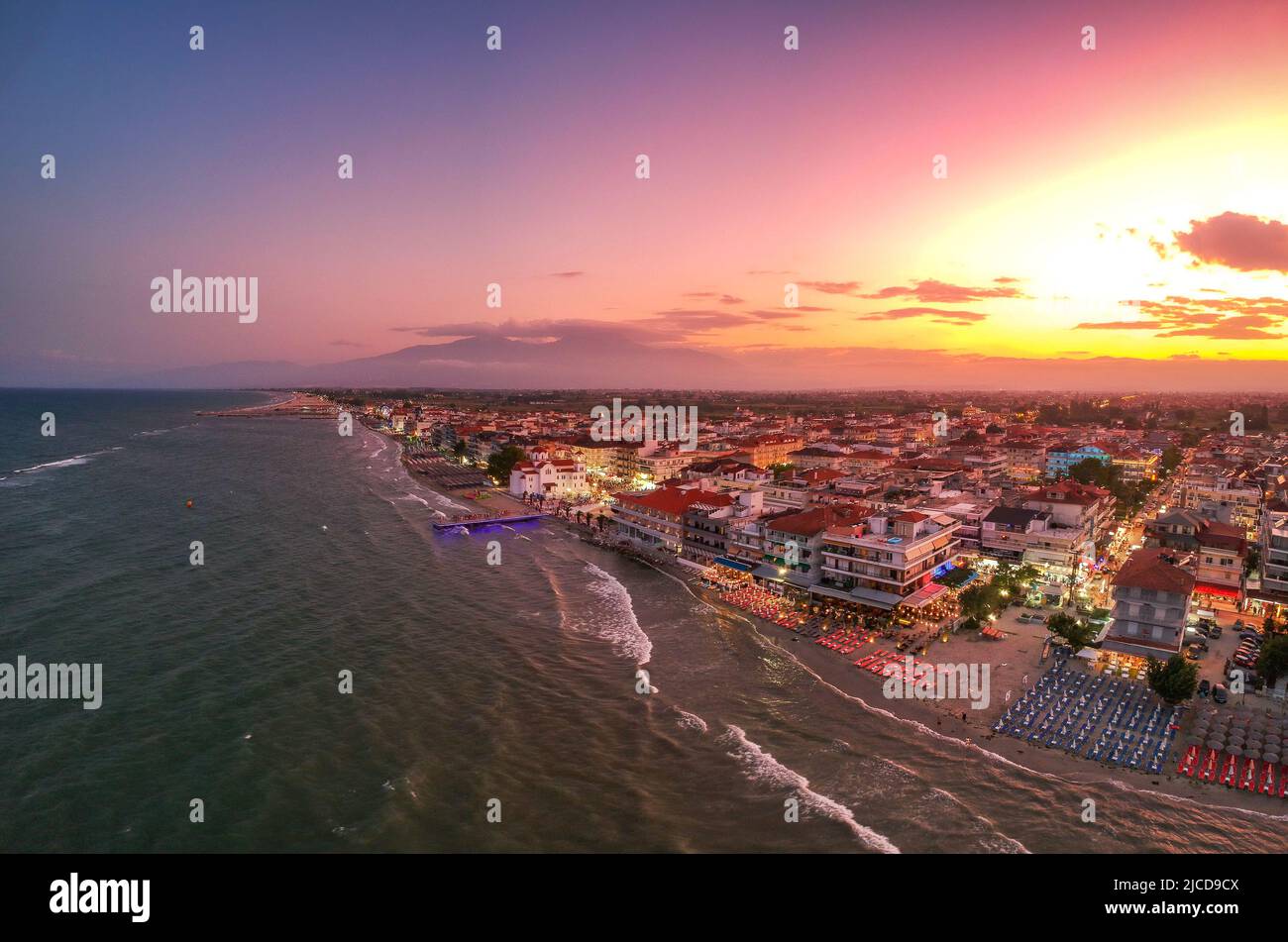 Aerial panorama view over the coastal town of Paralia Katerini, Greece ...