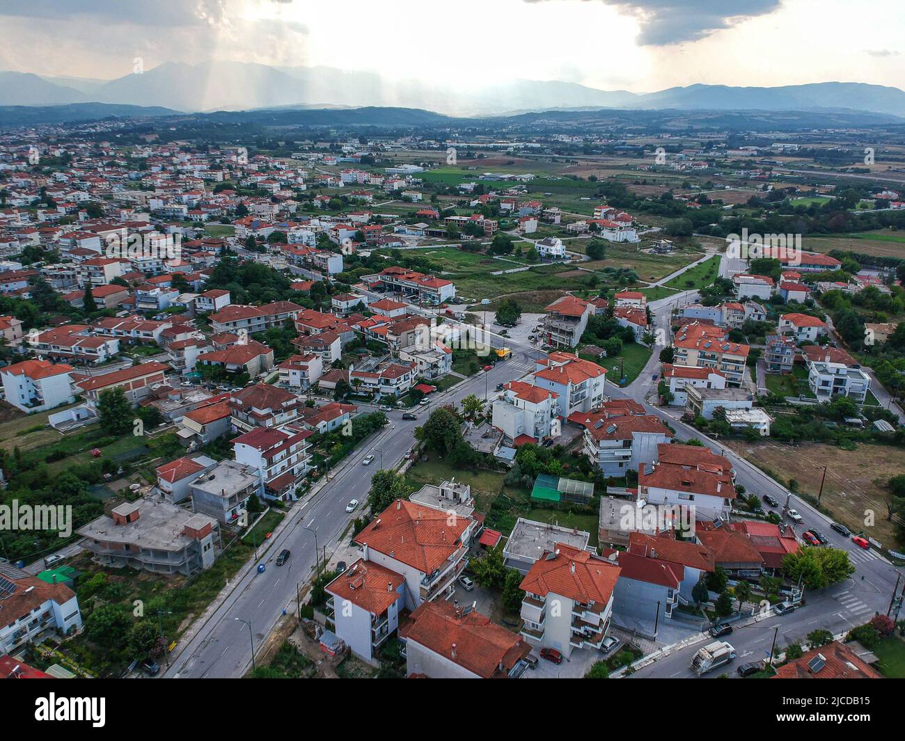 Aerial panoramic view over the city center of katerini city in Pieria ...