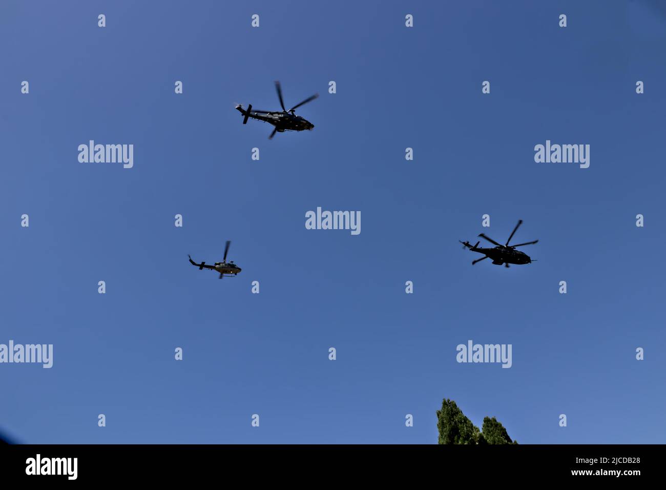 Italian military parade on 2 June. Group of helicopters flies over the ...