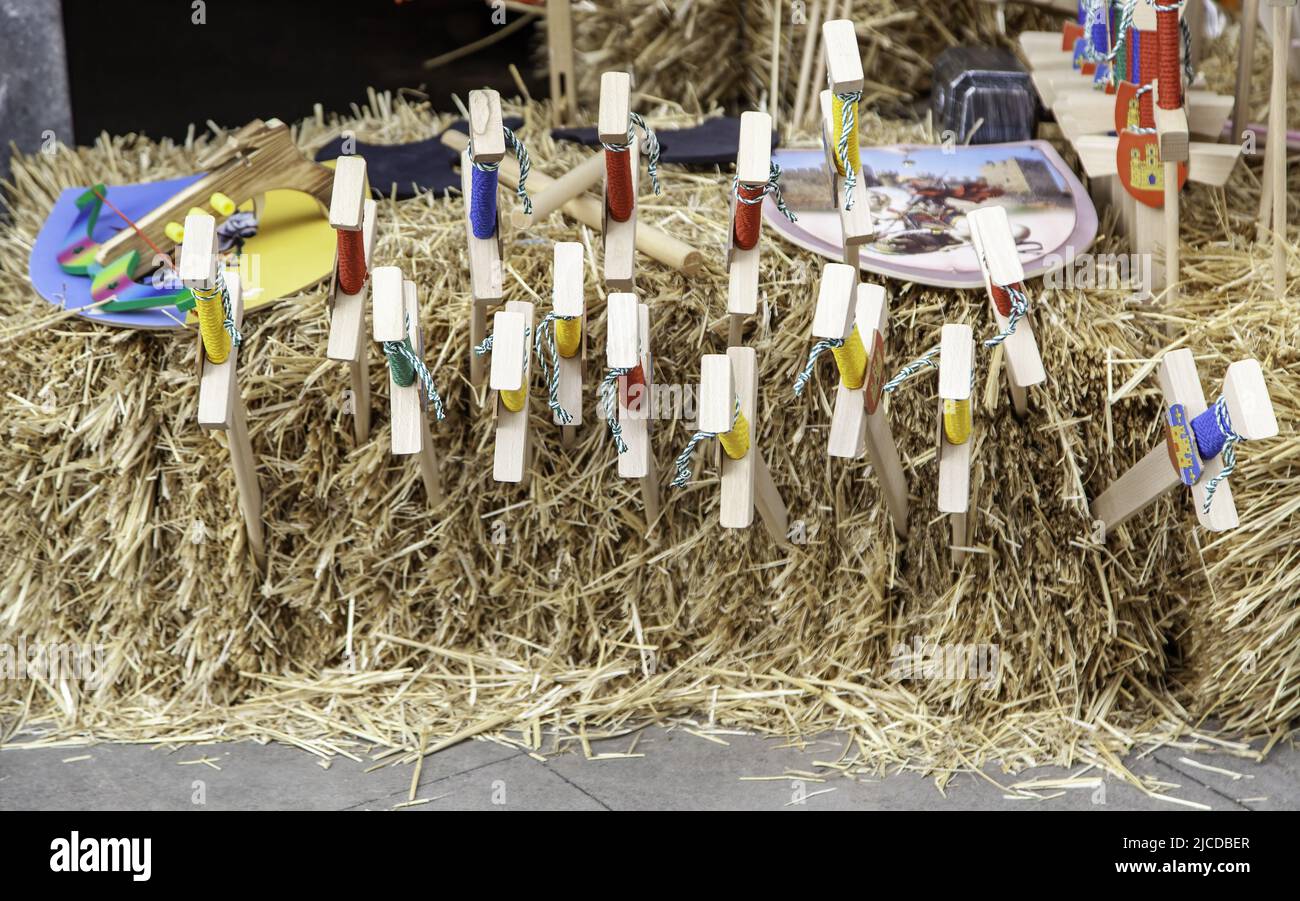 Detail of children's wooden toys, medieval swords Stock Photo - Alamy