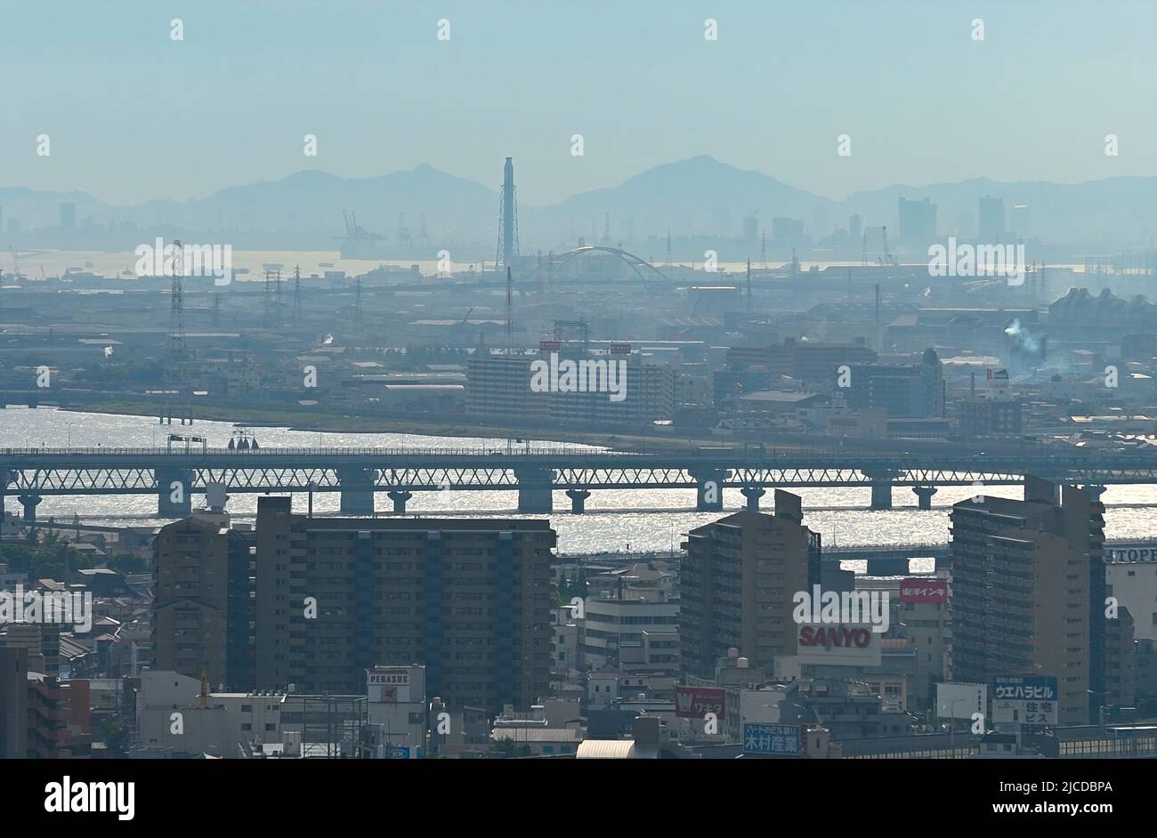 Panorama of Osaka Bay towards Kobe during a hot summer afternoon, Osaka ...
