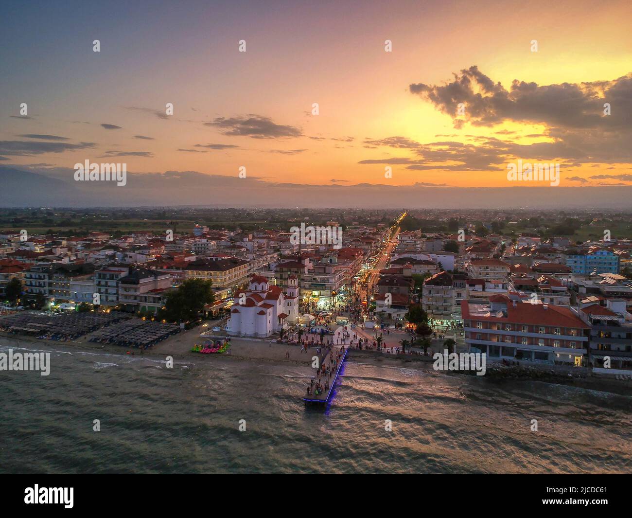 Aerial panorama view over the coastal town of Paralia Katerini, Greece ...