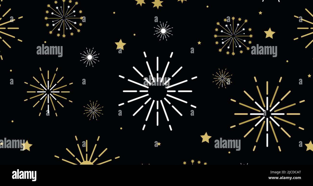 Image of exploding white and gold fireworks scrolling on black ...