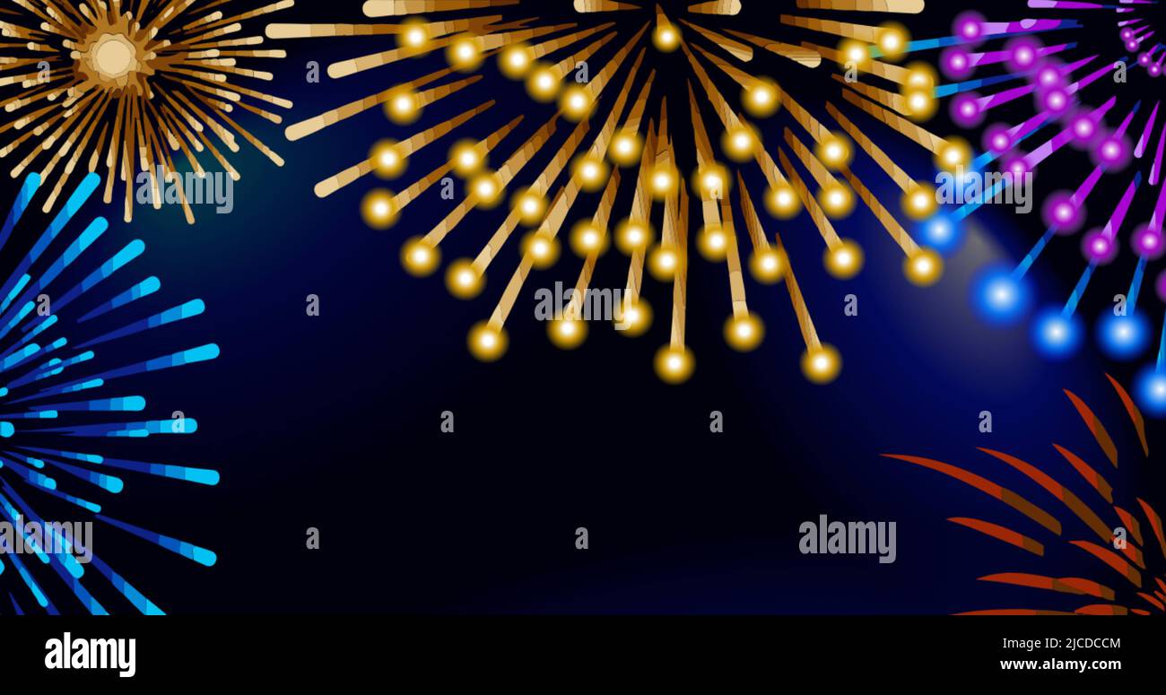 Image of exploding colourful fireworks scrolling on dark blue ...