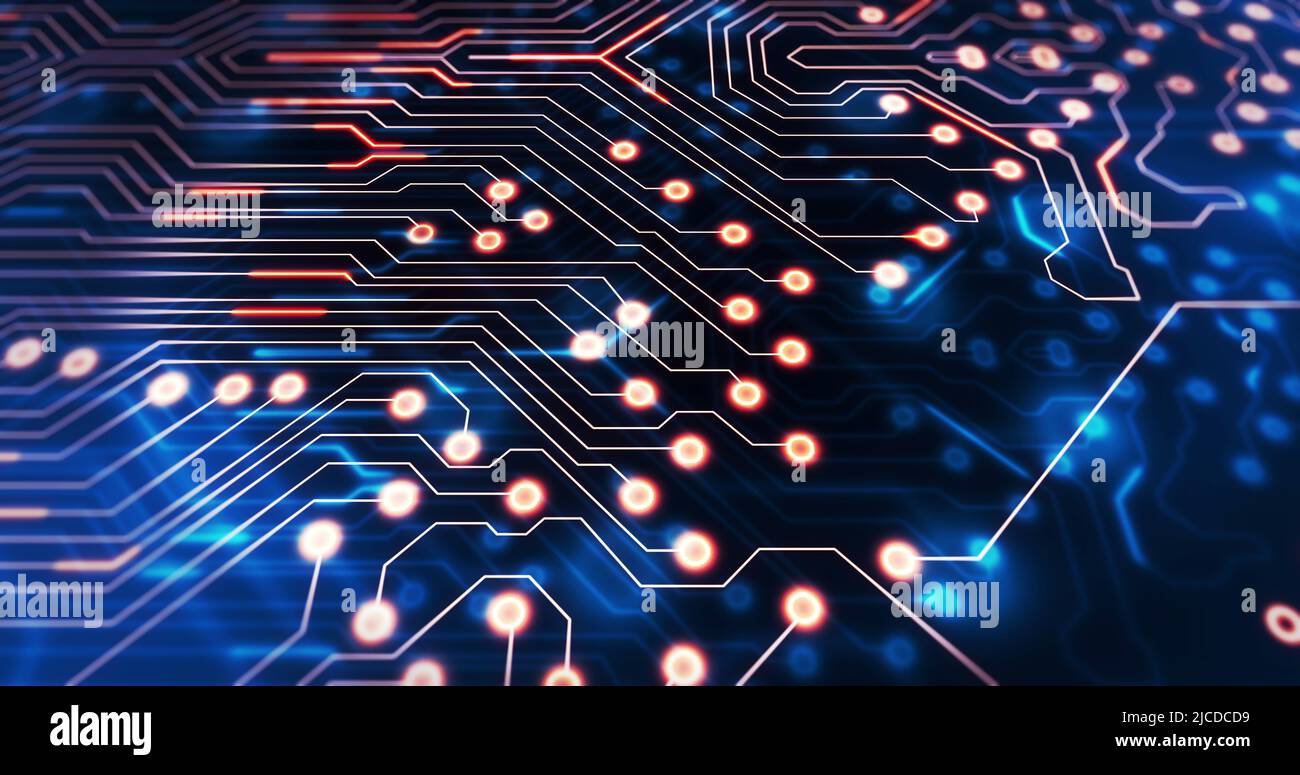 Image of light trails moving over computer circuit board Stock Photo ...