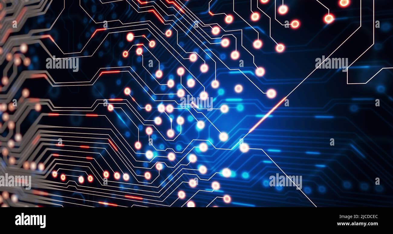 Image of light trails moving over computer circuit board Stock Photo ...