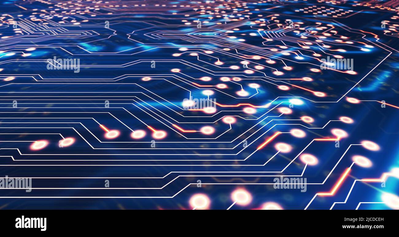 Image of light trails moving over computer circuit board Stock Photo ...