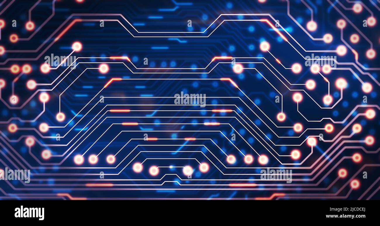 Image of light trails moving over computer circuit board Stock Photo ...