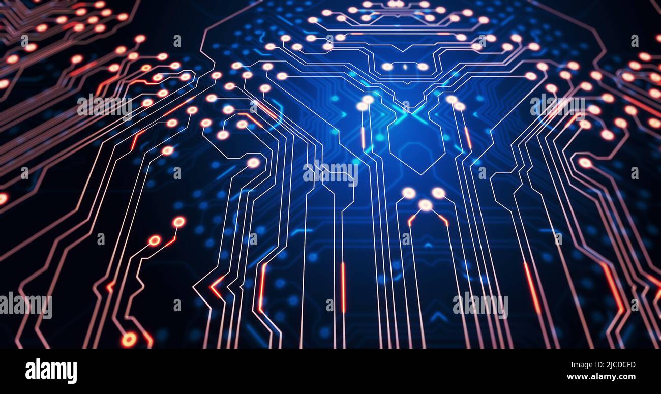 Image of light trails moving over computer circuit board Stock Photo ...