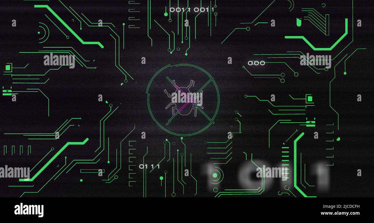 Image of interference over bug icon , data processing and computer circuit board Stock Photo - Alamy