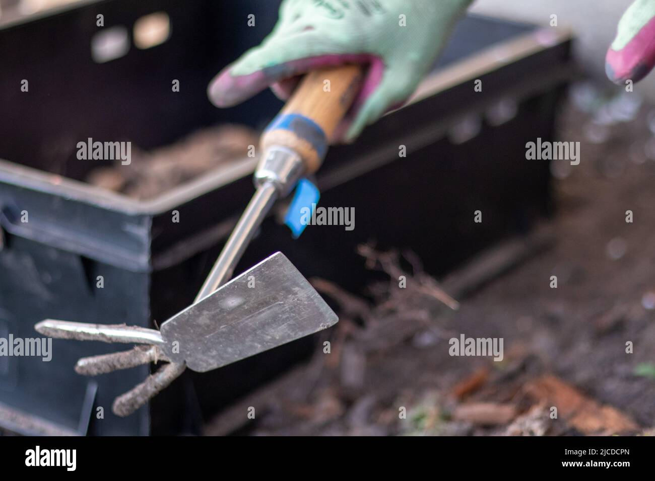 The gardener rakes the soil for planting. To work in the garden. Women ...