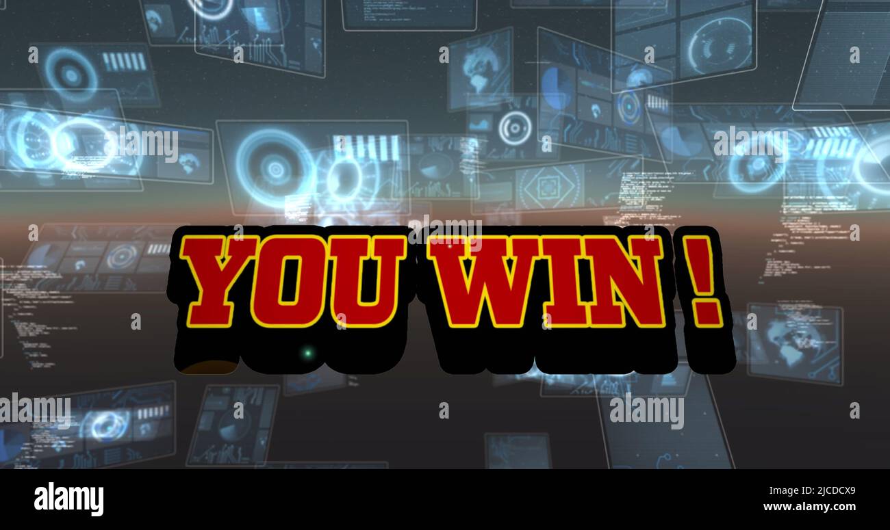 Image of you win text and data processing on black background Stock ...