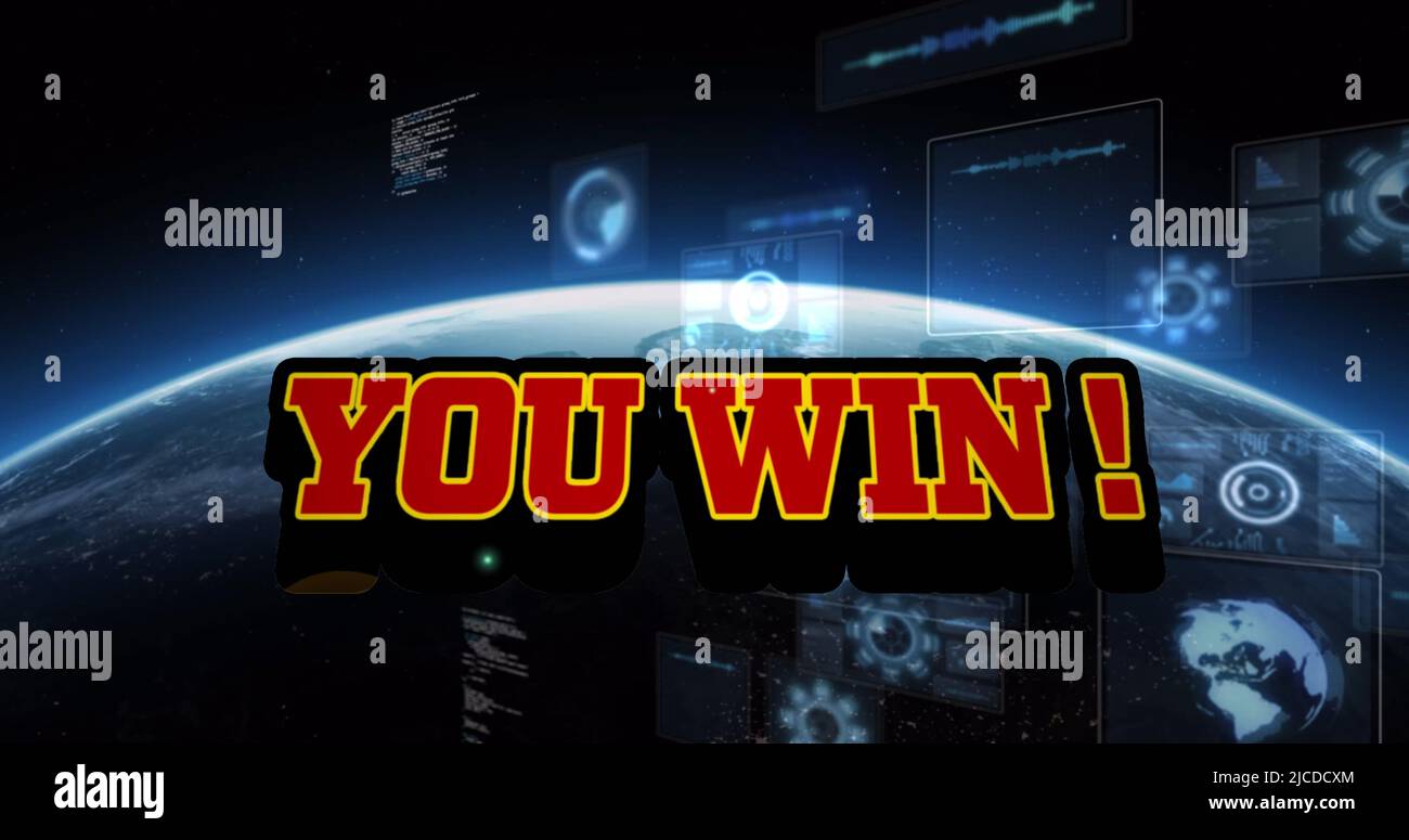 Image of you win text and data processing with globe on black ...