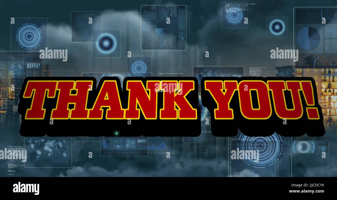Image of thank you text and data processing over cityscape Stock Photo ...