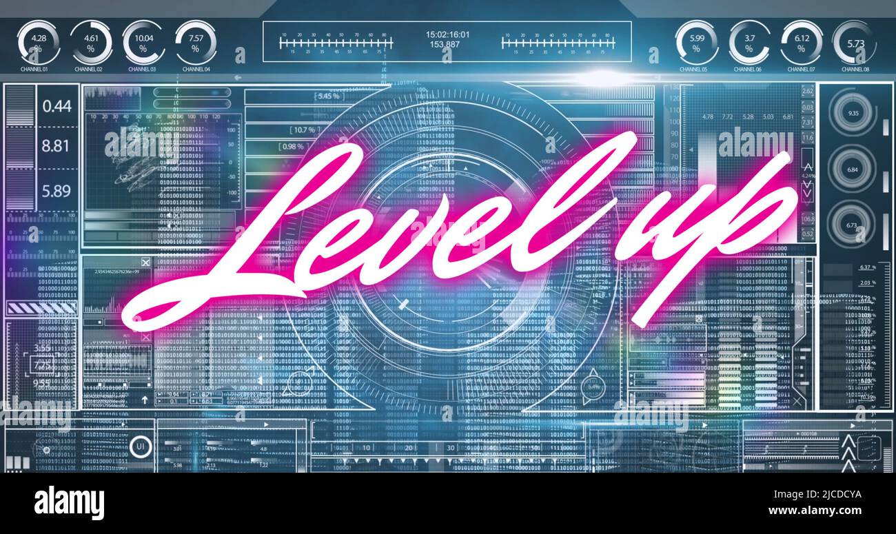 Image of level up text and data processing on blue background Stock ...