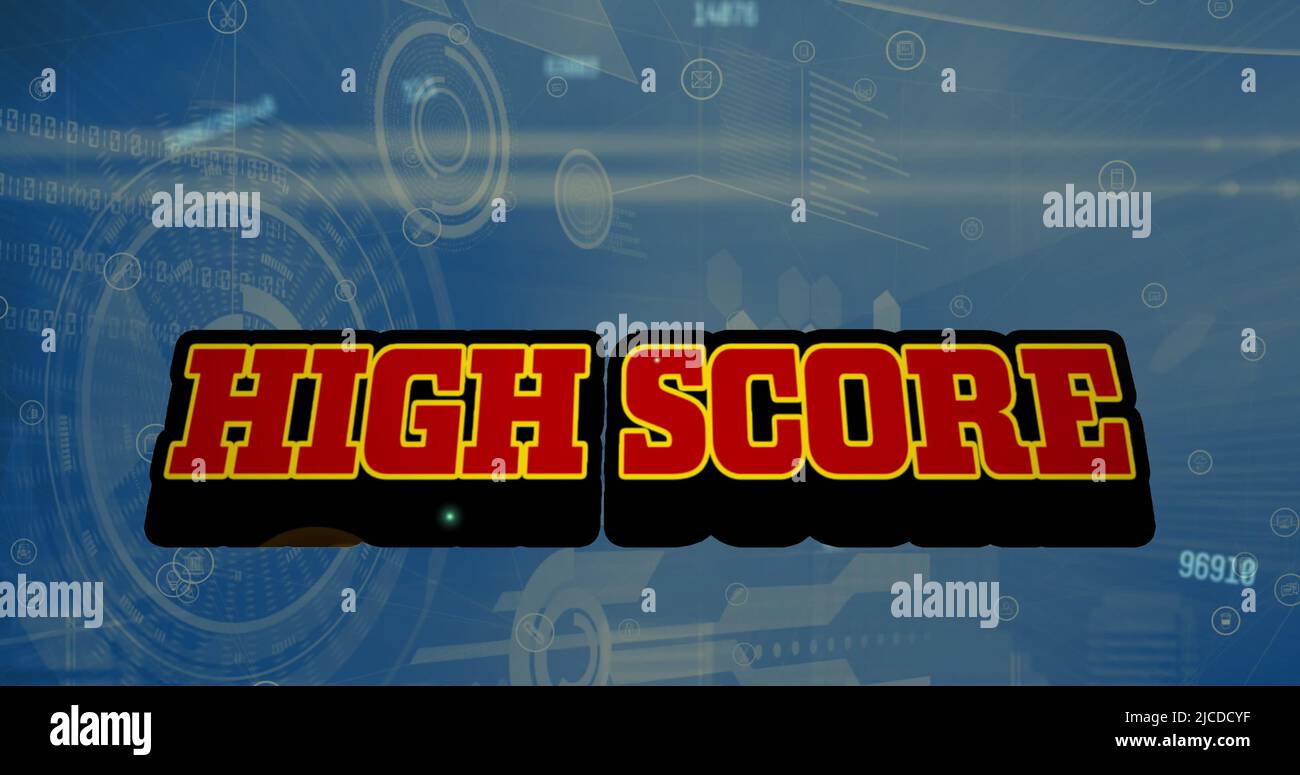 Image of high score text and data processing on blue background Stock ...
