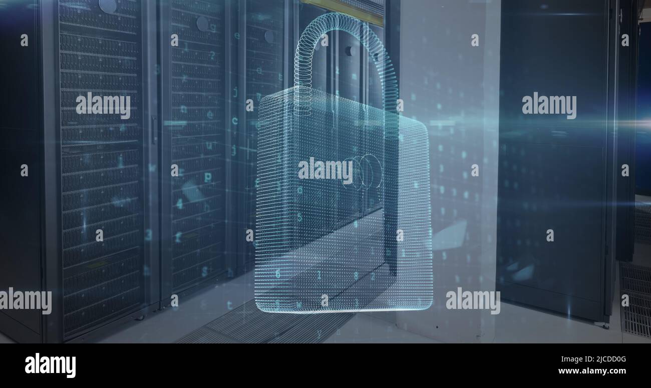Image of data processing and online security padlock with circuit board over computer servers ...