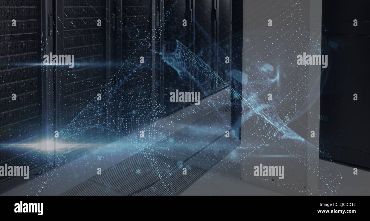 Image of data processing and online security padlock with circuit board over computer servers ...