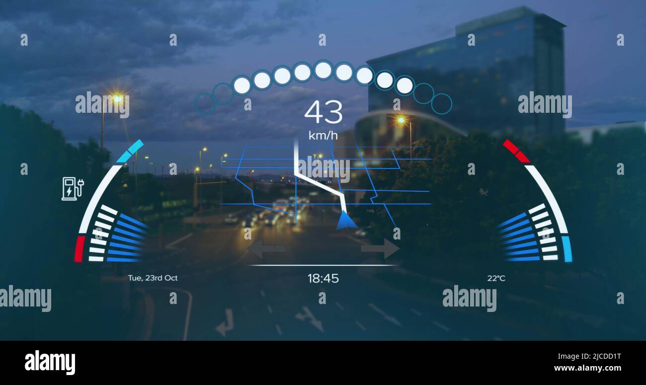 Image of speedometer, gps and charge data on interface, over sped up ...