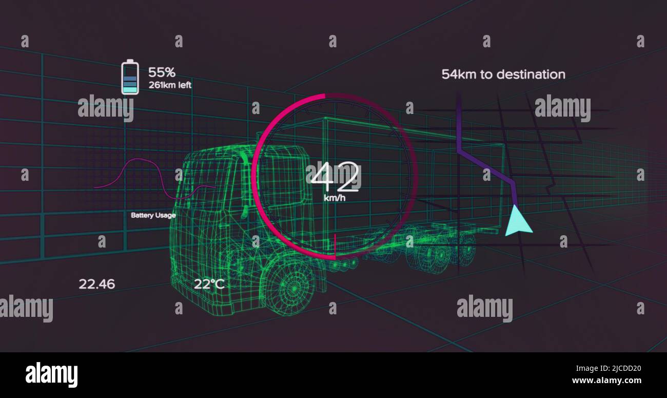 Image of speedometer, gps and charge status data on vehicle interface ...