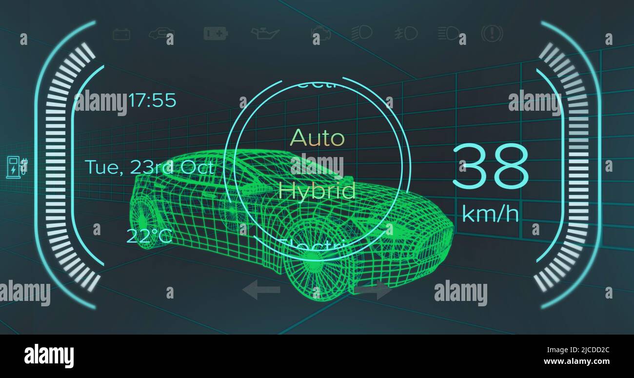 Image of speedometer, gps and charge status data on hybrid car ...