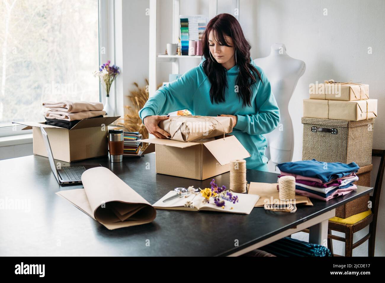 Small business owner, woman hold package box, receiving purchase order ...
