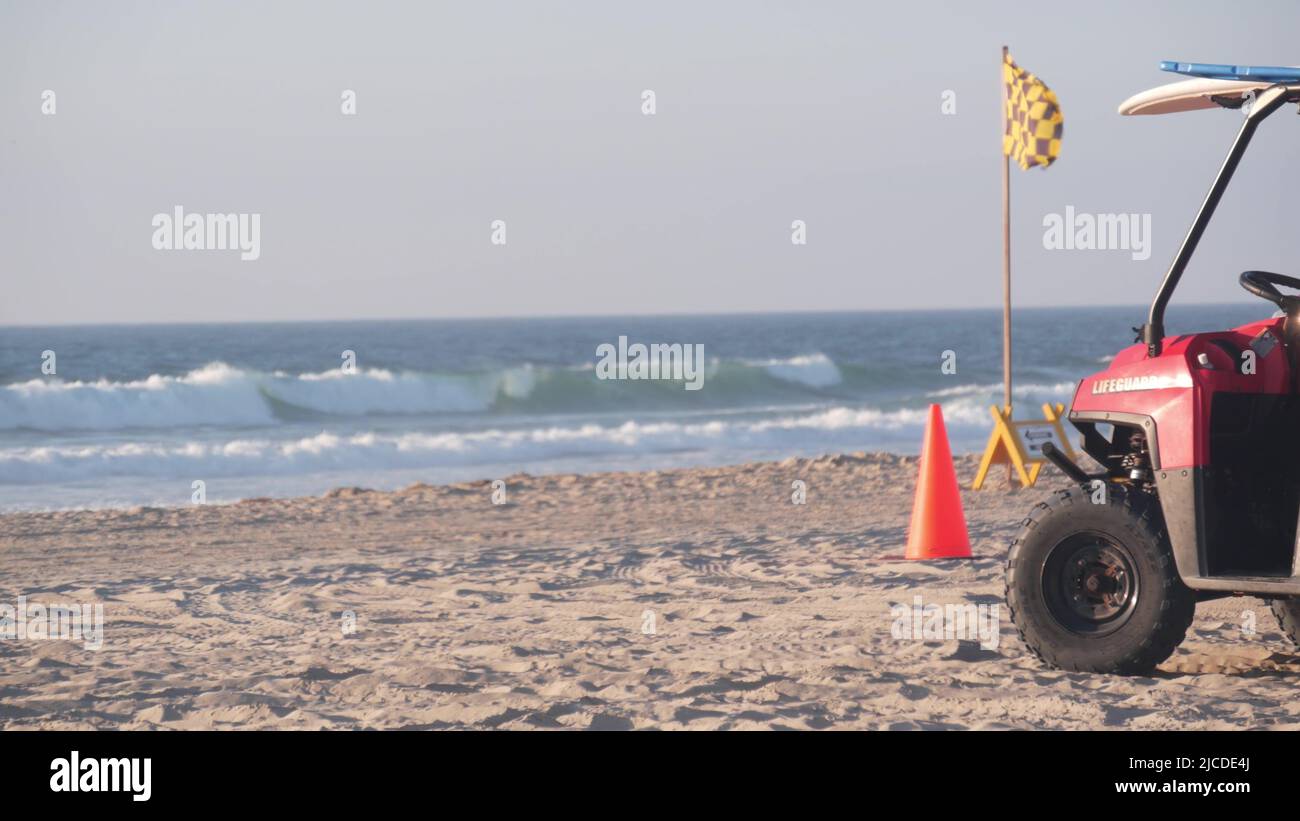 Lifeguard red pickup truck, life guard auto on sand, California ocean ...