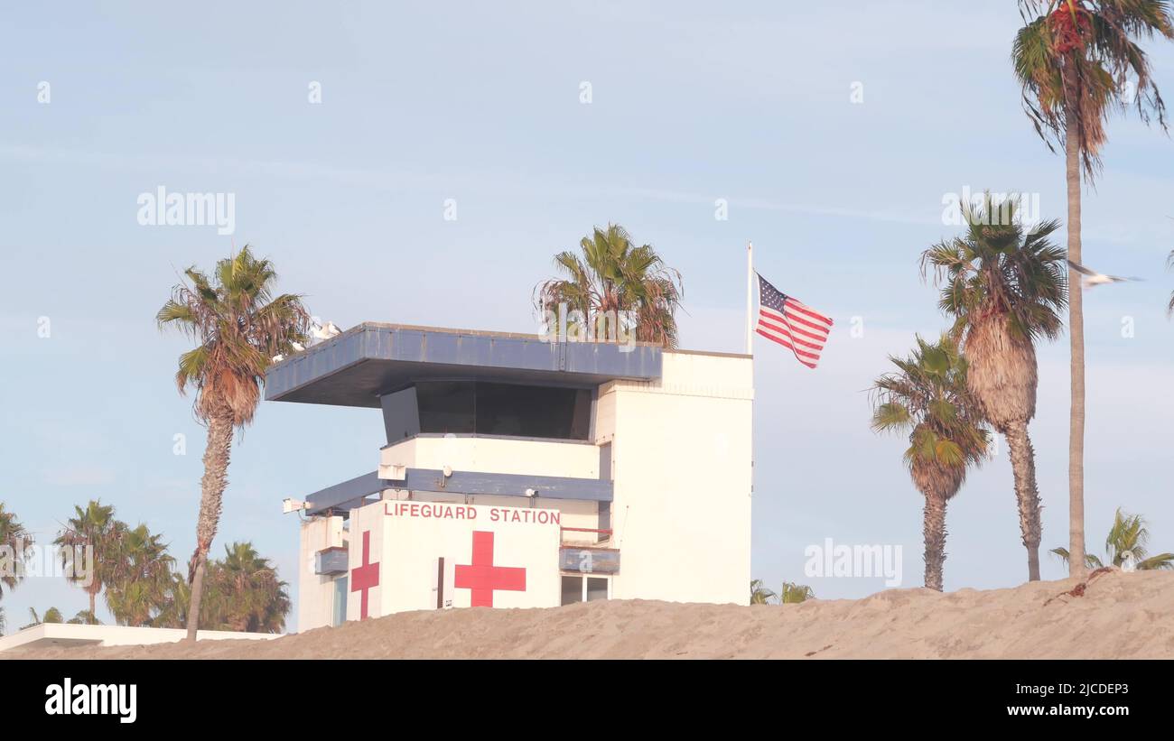 Lifeguard stand, life guard tower hut, surfing safety on California ...
