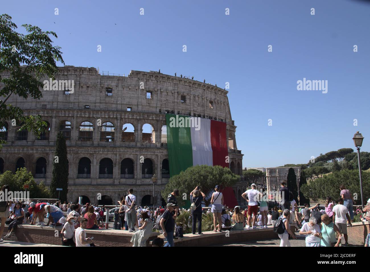 Italian military parade on 2 June. The colosseum is covered with the ...