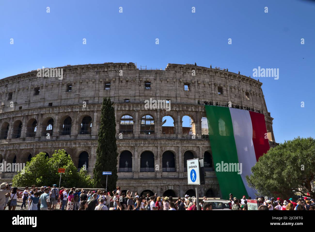 Italian military parade on 2 June. The colosseum is covered with the ...