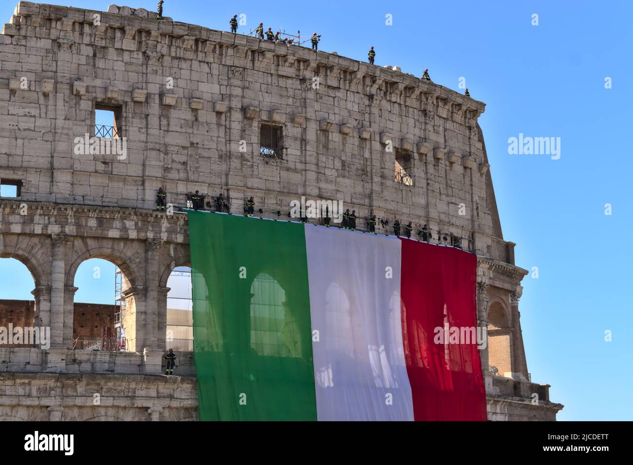 Italian military parade on 2 June. The colosseum is covered with the ...