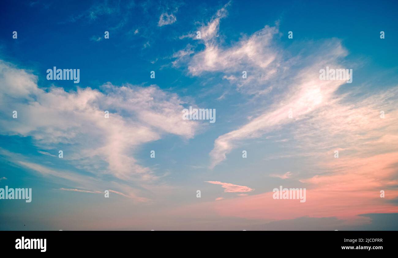 Cirrus Clouds twilight sky in pastel color Pink and blue, colorful ...