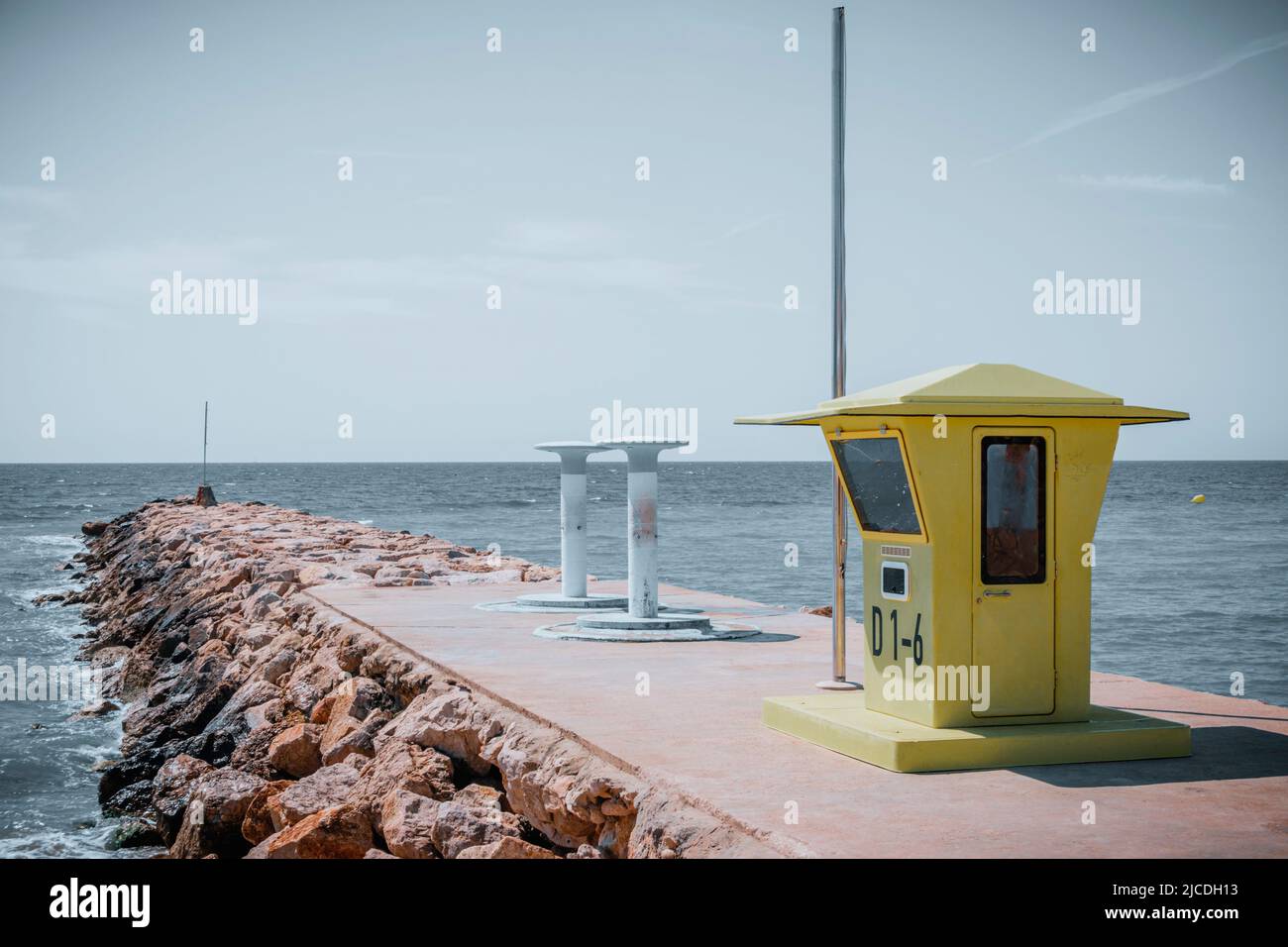 Yellow booth where the beach guards are located to watch and help on a ...