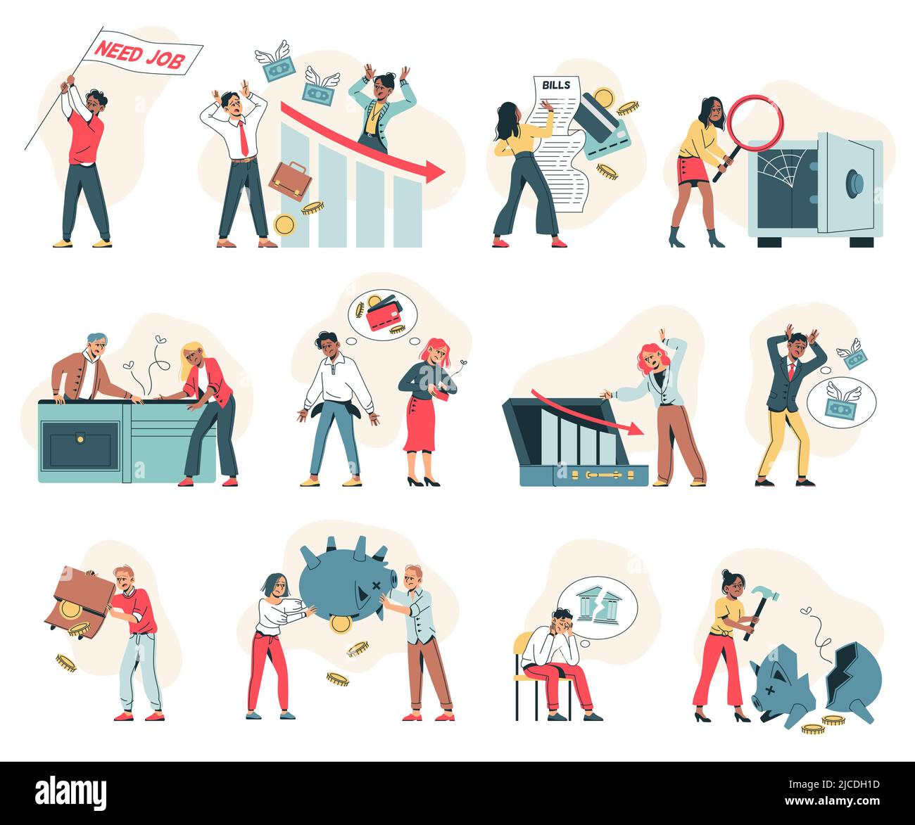 Bankrupt characters. Business people in financial crisis, falling ...