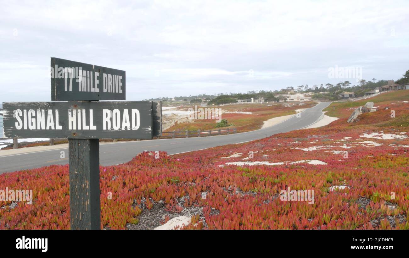 Scenic 17-mile drive wooden road sign, Monterey, California, USA ...