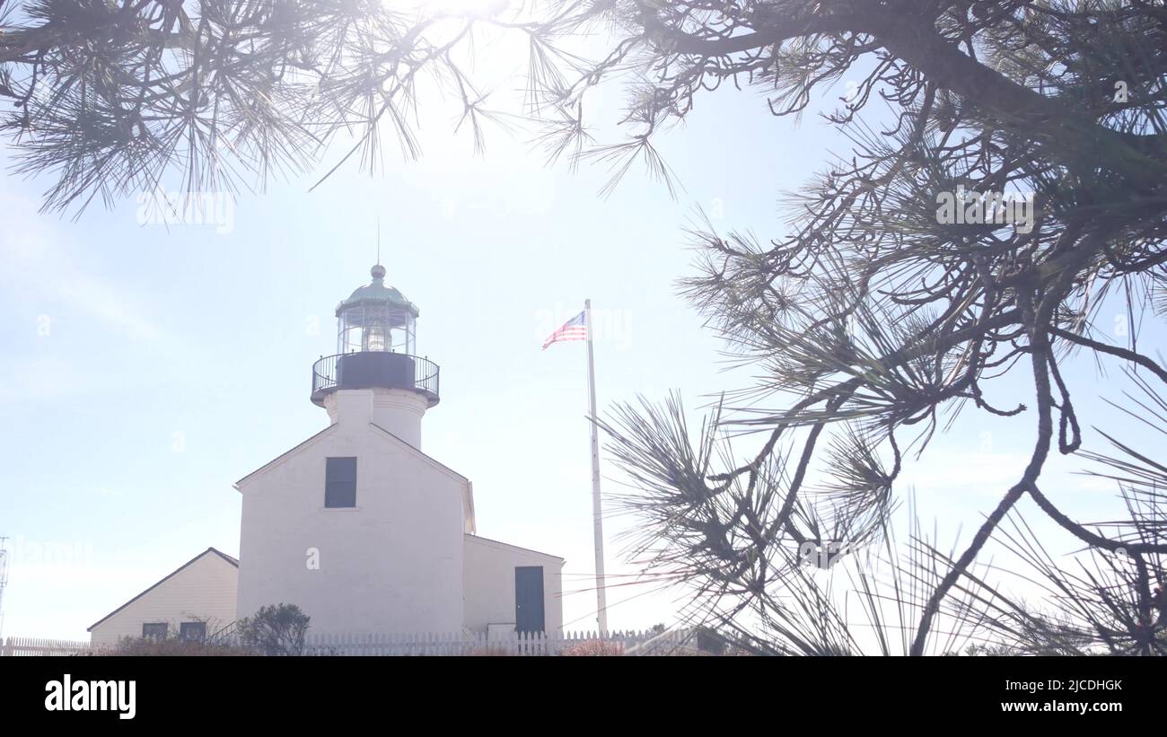 Vintage lighthouse tower, retro light house, old fashioned historic ...