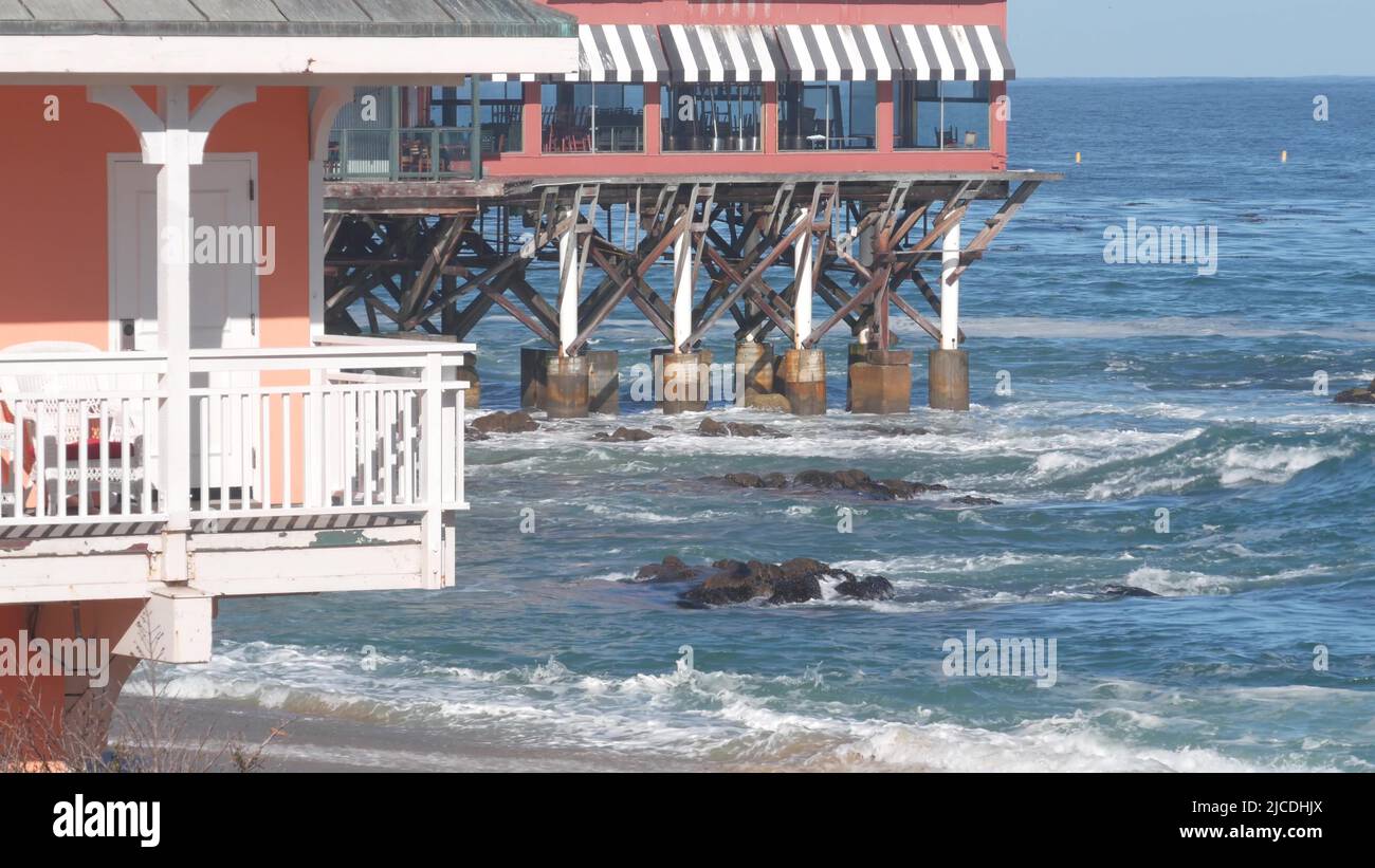 Waterfront beachfront cafe on piles, pillars or pylons, Monterey beach ...