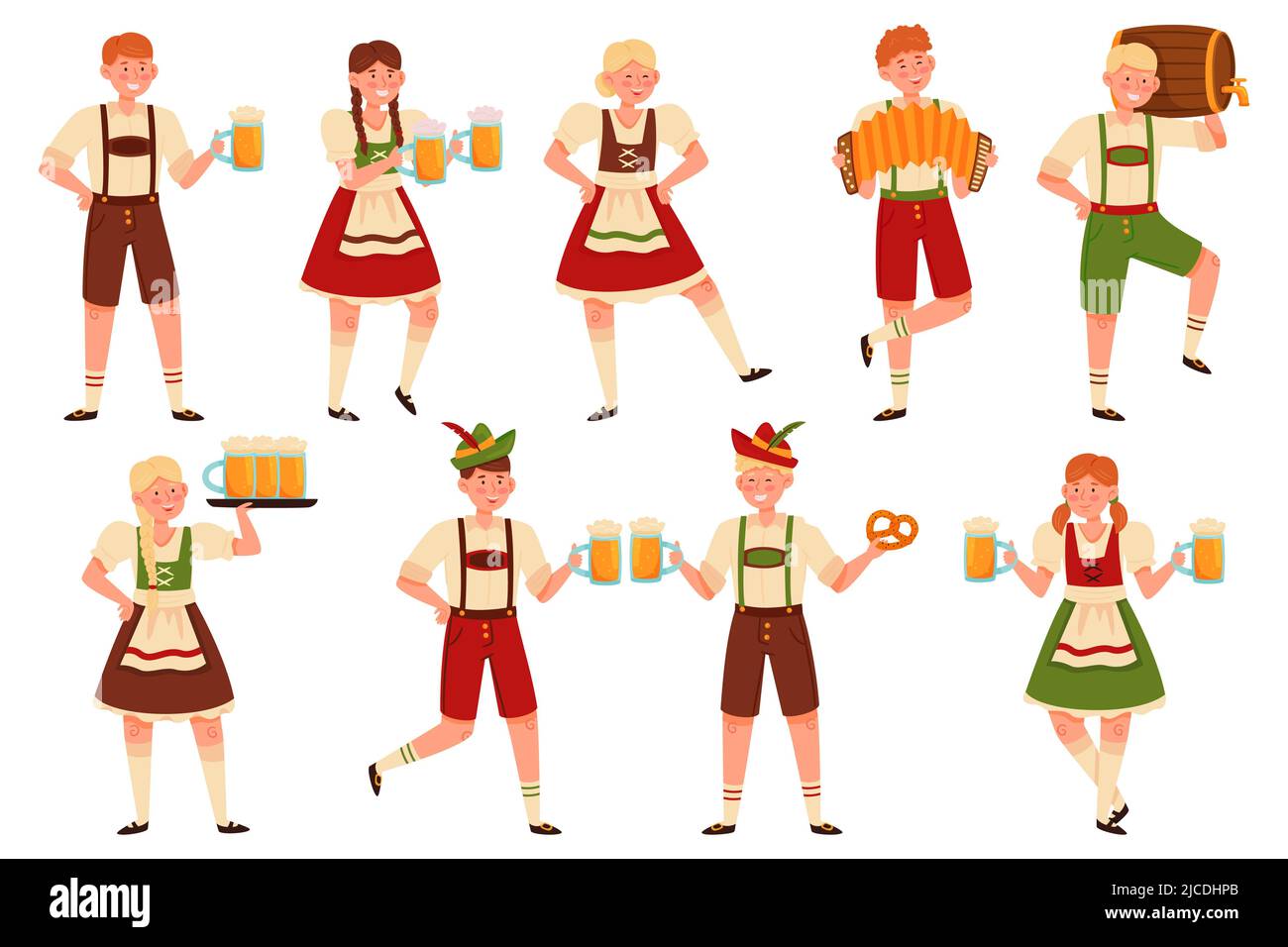 Oktoberfest people. Bavarian cartoon characters in traditional costumes ...