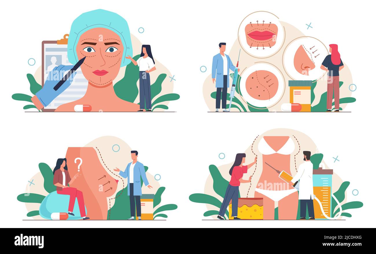 Plastic surgery people. Human body redesign, face and body improvement ...