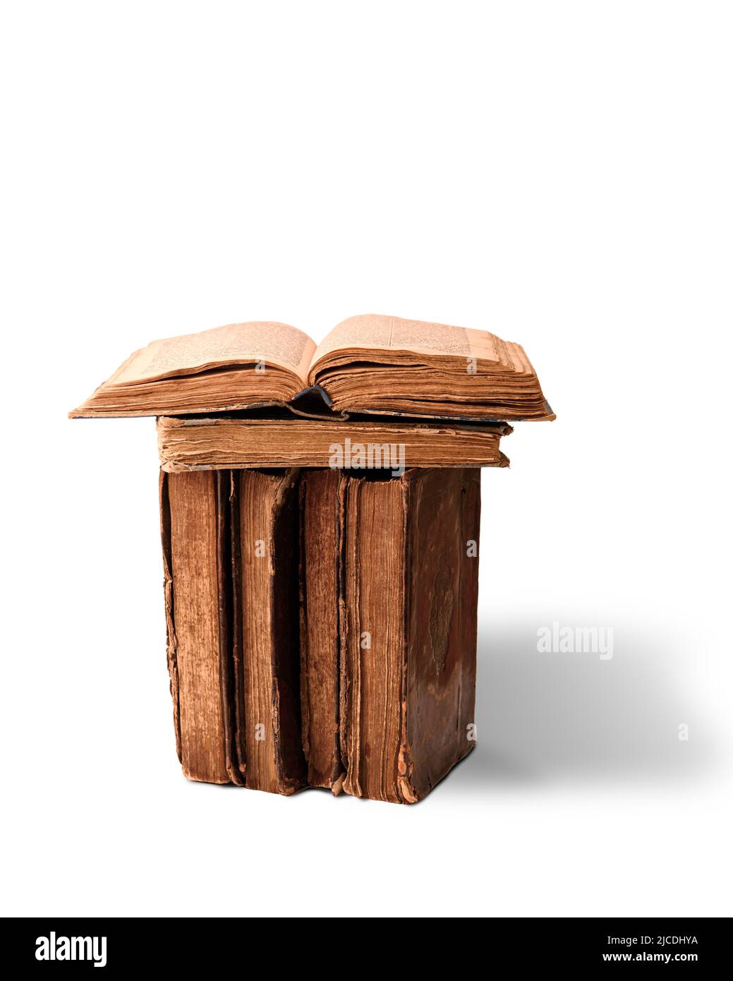 Open pages of Torah on stack of old worn shabby Jewish books in leather ...