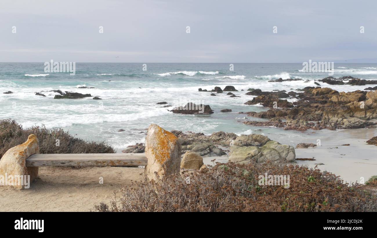 Rocky craggy pacific ocean coast, sea water waves crashing on rock, 17 ...