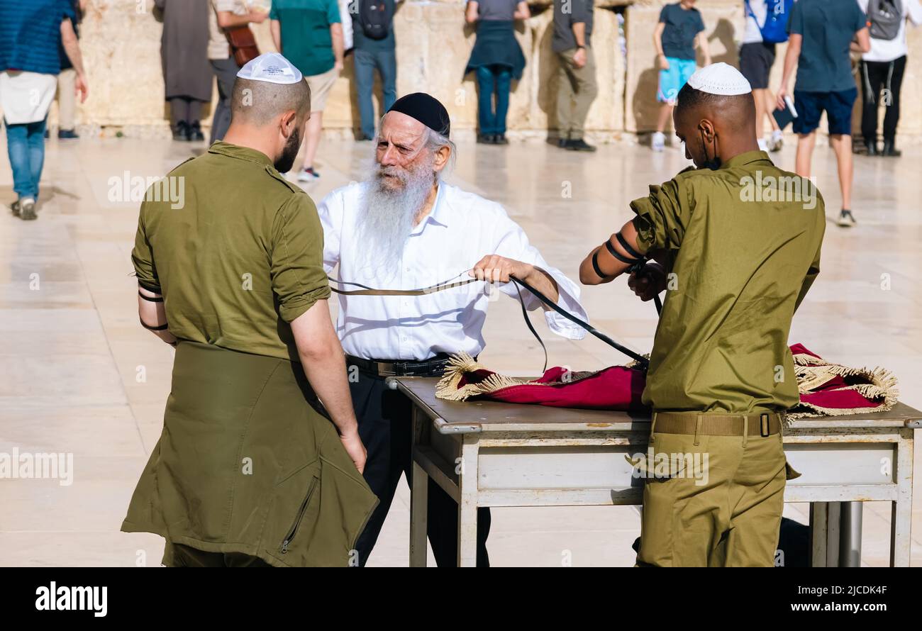 Jerusalem, Israel, 15 April, 2022: Tefillin ritual performed in front ...