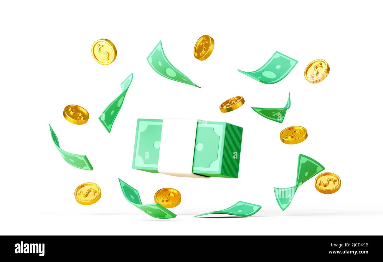 Bundle cash, floating bills and coins around isolated on white ...