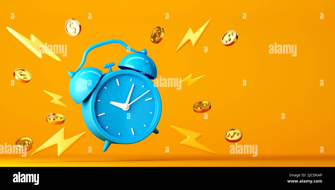 Blue alarm clock with floating gold coins around on bright yellow ...