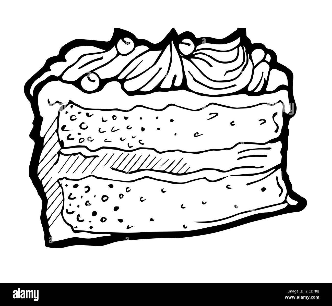 Piece of biscuit cake with cream. Hand drawing outline. Isolated on ...