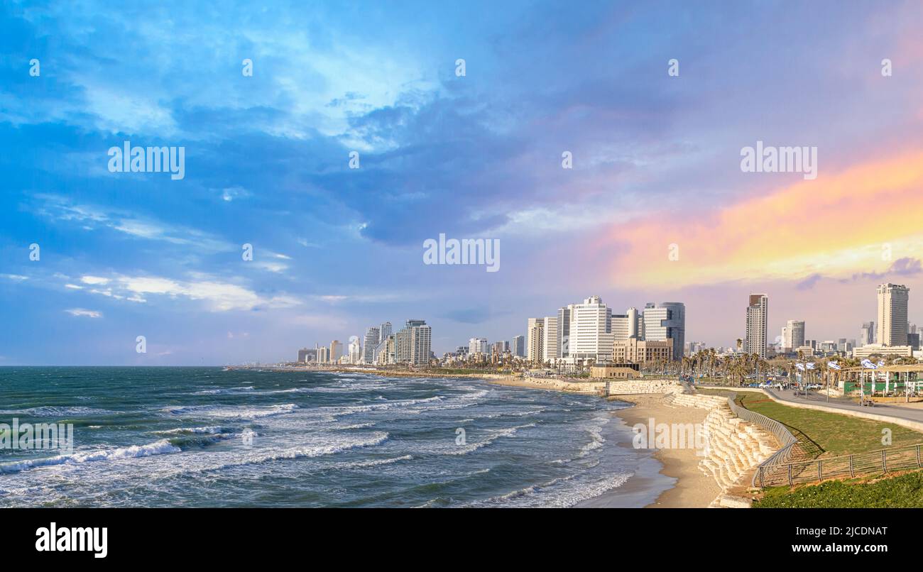 Scenic Israel Tel Aviv coastline seashore promenade with hotels and ...
