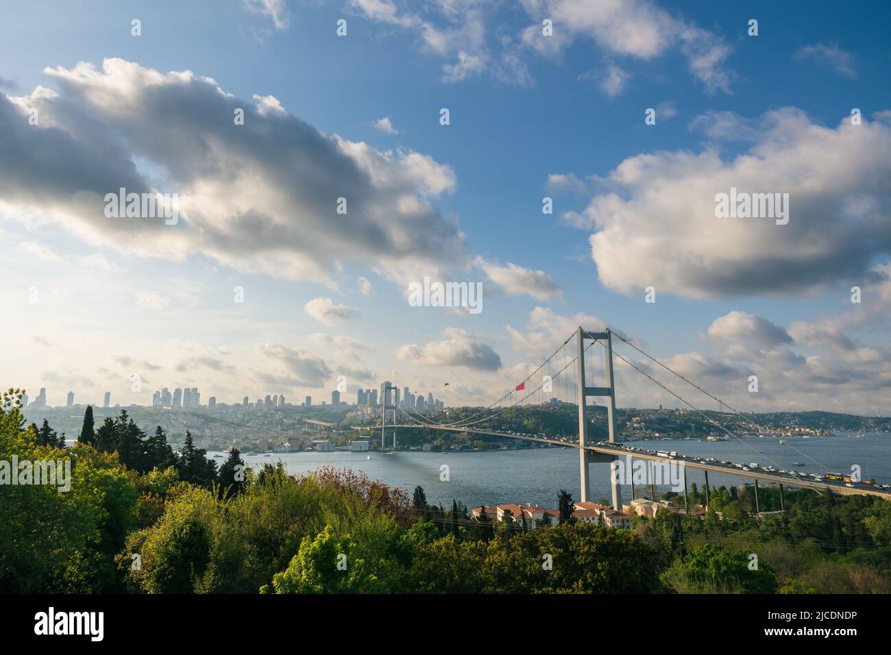 Istanbul view with Bosphorus Bridge and cloudy sky at sunset. Travel to ...