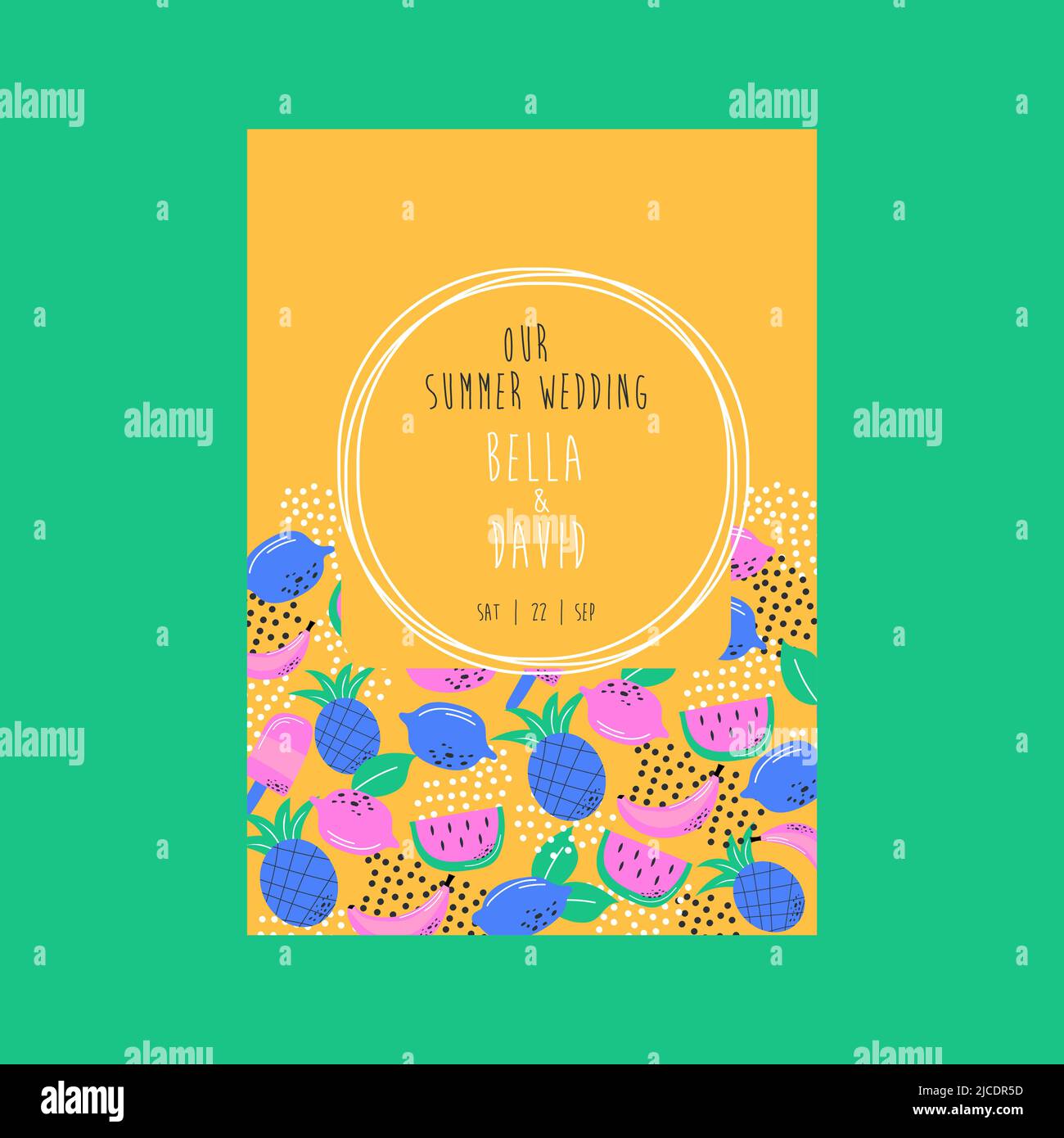 Wedding invitation with fruits. Greeting date card with summer elements ...