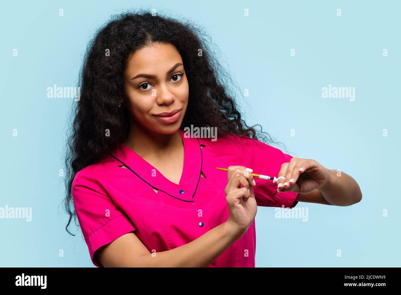 Portrait Dark Skinned Girl Master Beautician of Eyebrow Tattooing on ...
