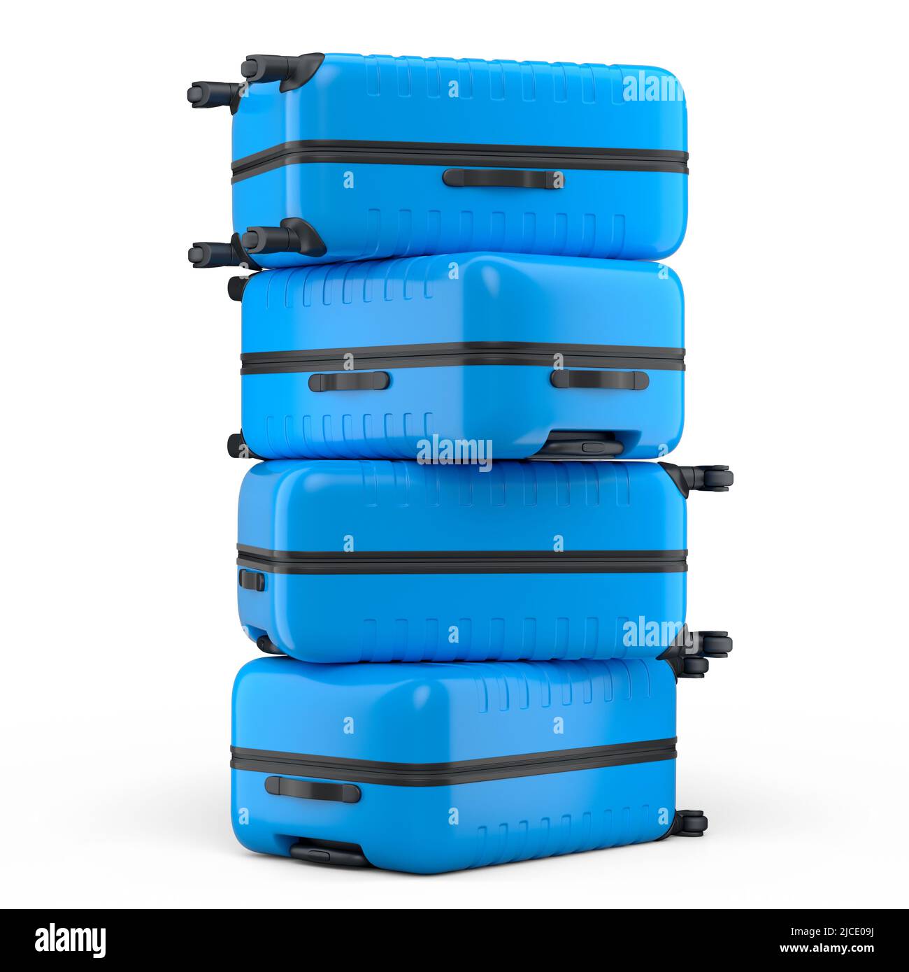 Stack of polycarbonate suitcases isolated on white background. 3d ...